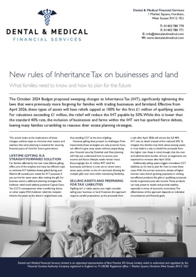 New rules of Inheritance Tax on businesses and land - Dental & Medical